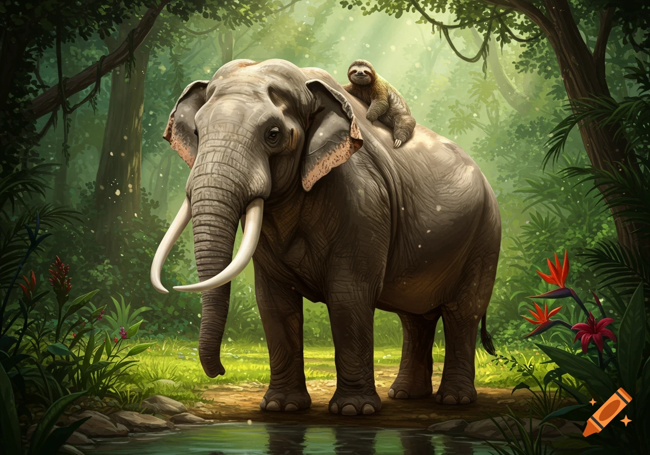 An ultrarealistic Okapi stands in a sunlit, lush jungle with tropical ...