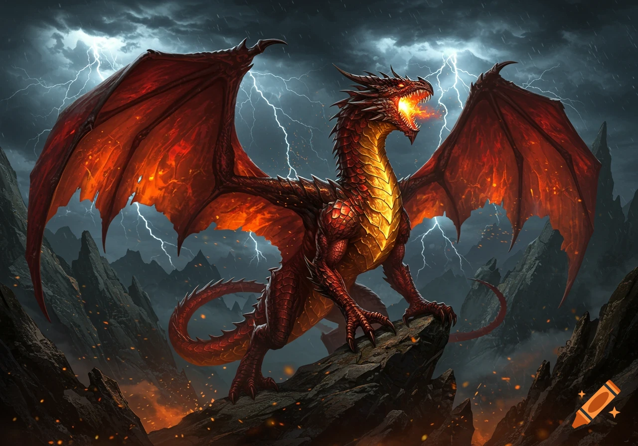 A large red fantasy dragon with red wings and blue crystal spikes ...