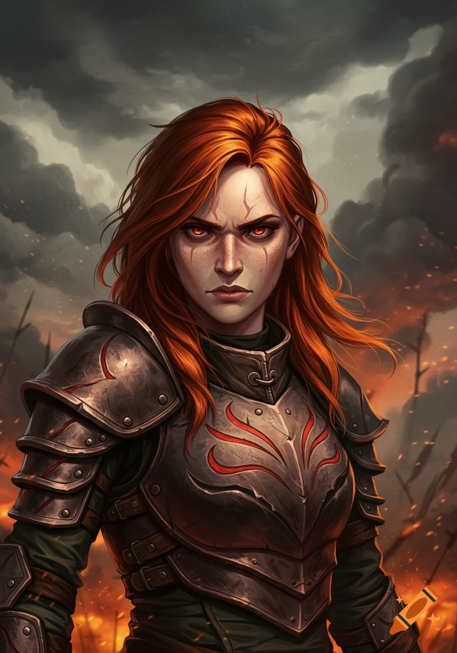 A red-haired female warrior in green armor stands with a sword over a ...