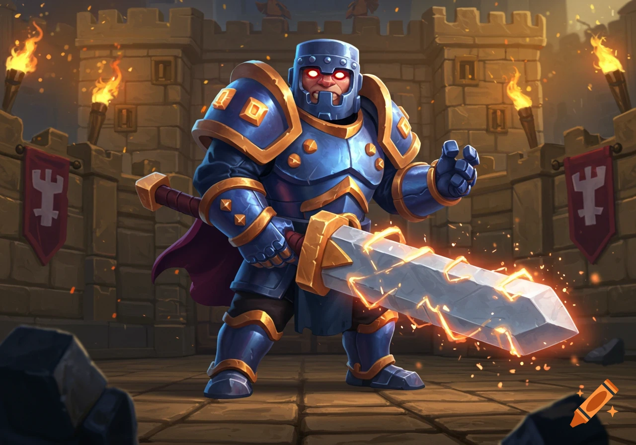 Stylized fantasy art of a heavily armored knight with glowing red eyes ...