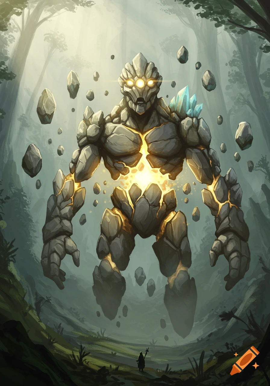 A faceted glass golem knight standing in a hazy landscape, holding a ...