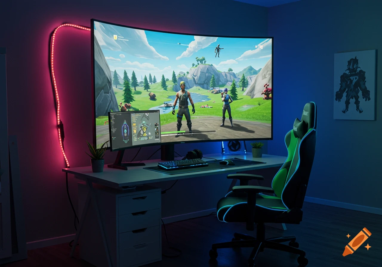 A modern gaming room with a wooden desk, multiple monitors displaying ...
