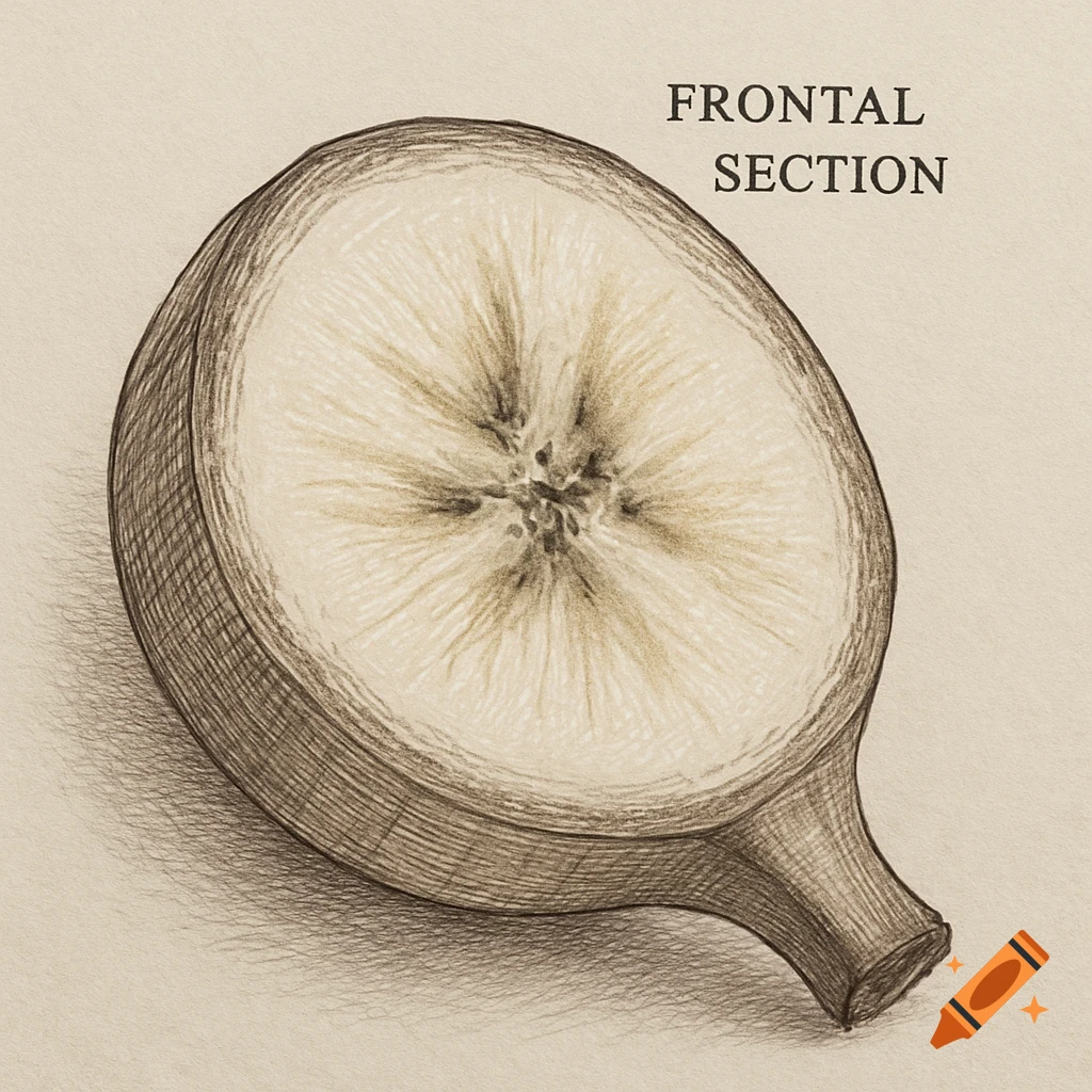 Detailed pencil drawing of a banana cut in half, showing its internal ...
