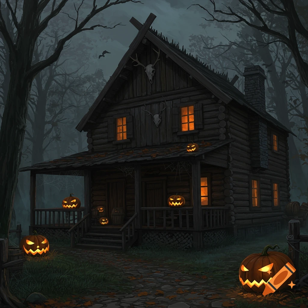 A spooky log cabin with glowing windows and jack-o'-lanterns on the ...