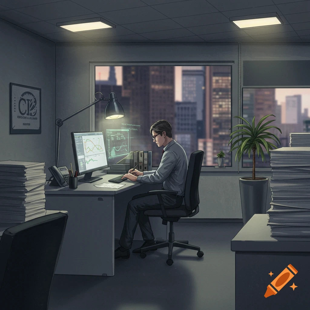 An animated worker with a white, faceless head falls horizontally from ...