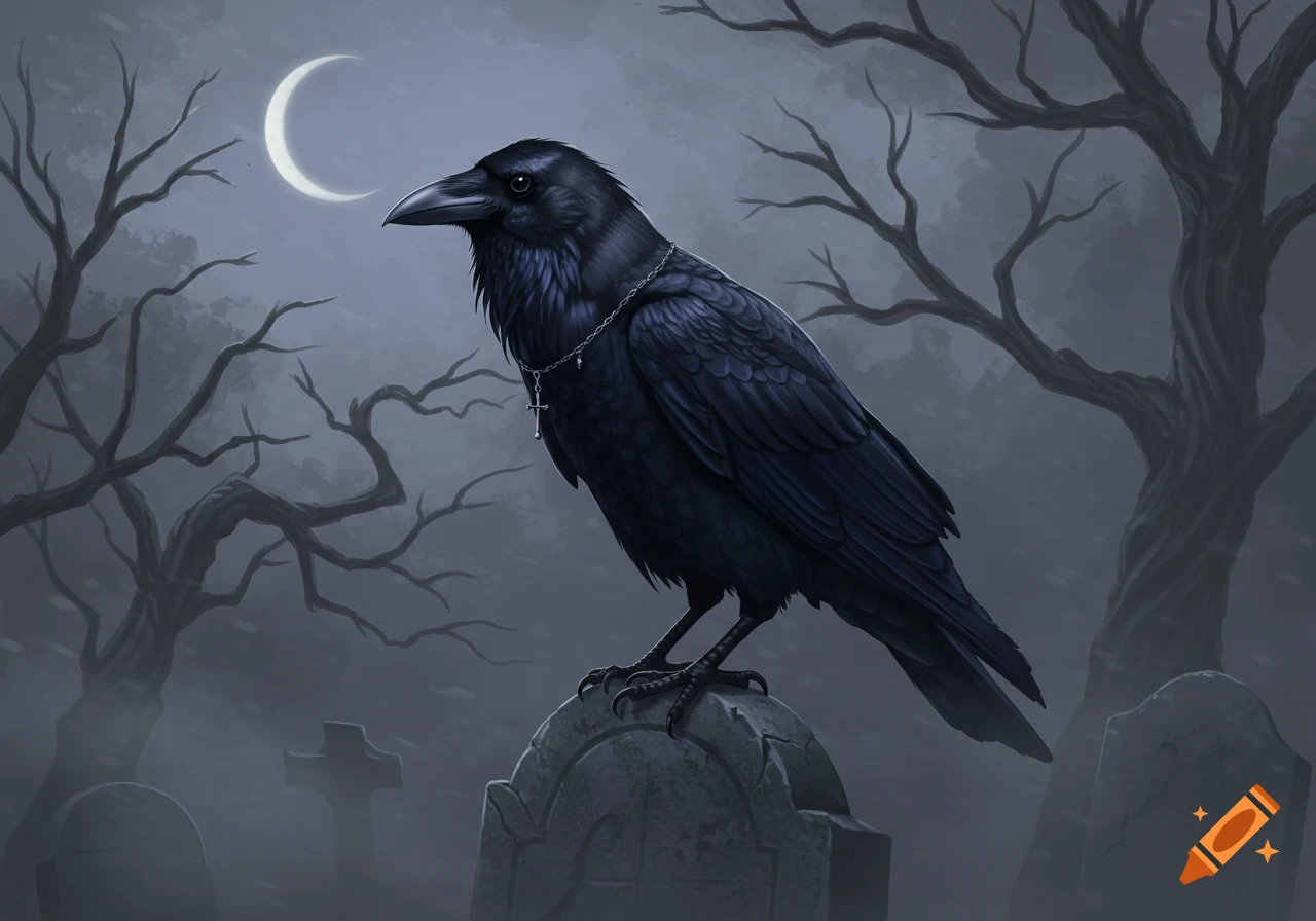 A detailed illustration of a dark raven perched on a human skull on a ...