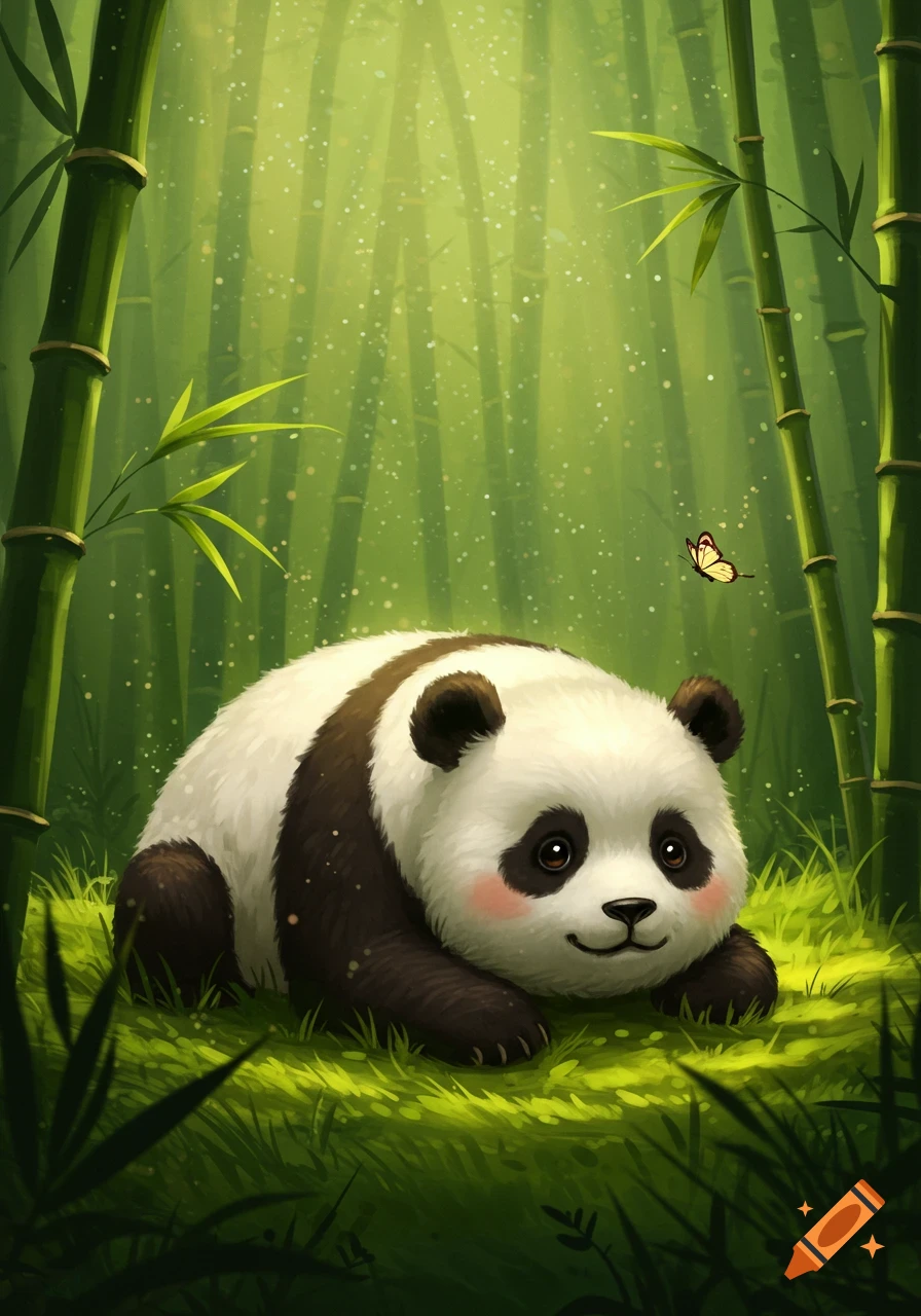 A cute, fluffy panda with rosy cheeks lies in a lush green bamboo ...