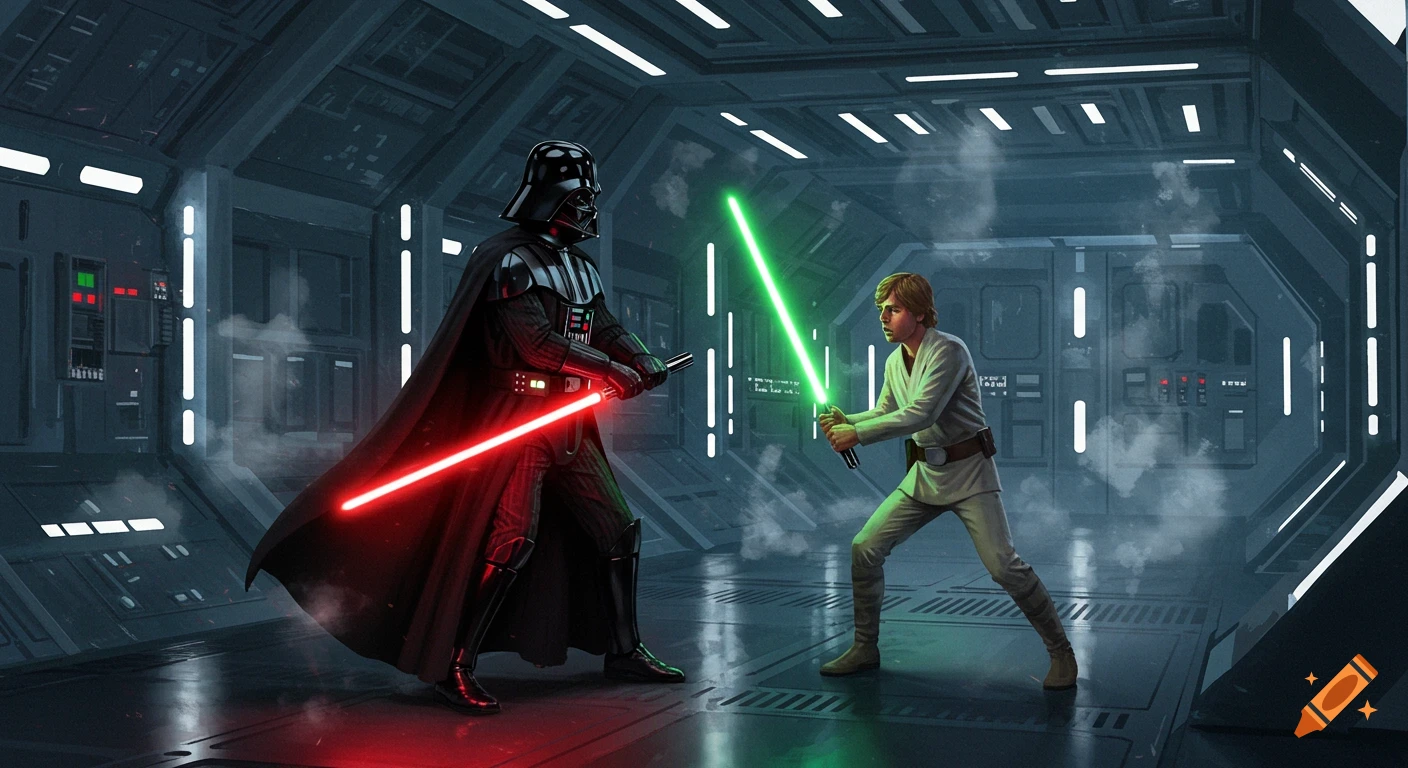 Darth Vader and Luke Skywalker duel with blue lightsabers in a dark ...