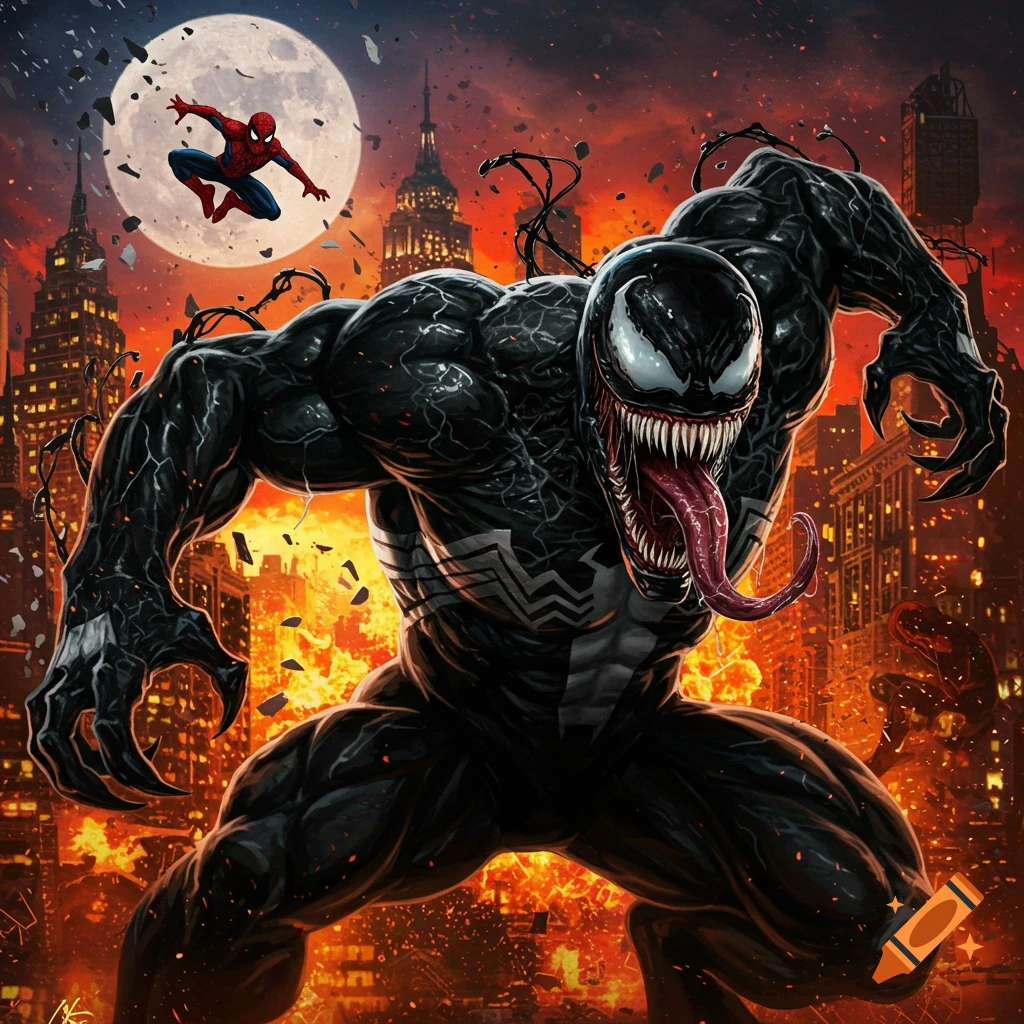 An angry Marvel's Venom, with black and red details, wearing a golden ...