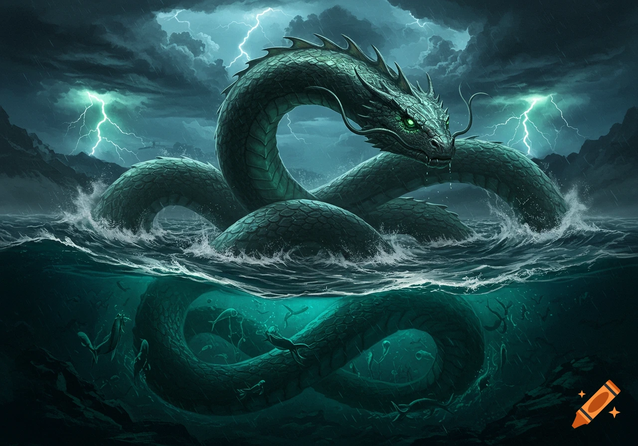 A huge dark serpent with glowing blue eyes coils in a misty, star-lit ...