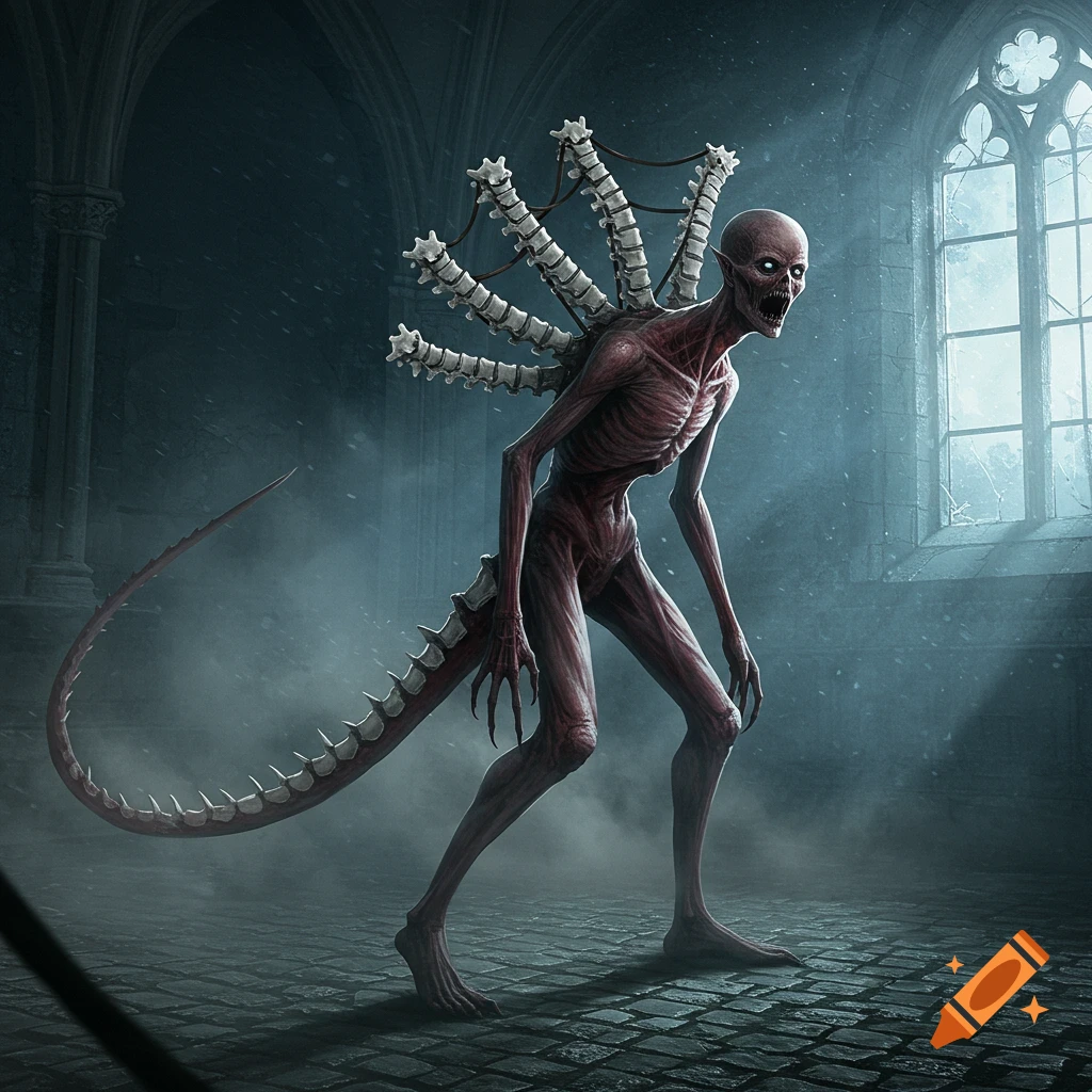 A gaunt, skeletal creature with glowing eyes and multiple spines on its ...
