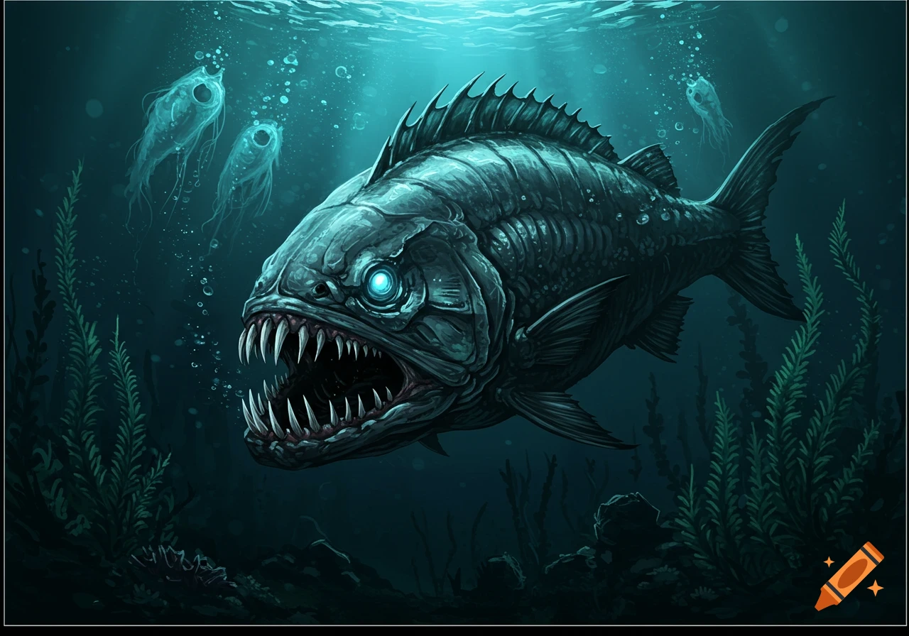 A cartoon anglerfish with sharp teeth tries to eat a glowing, laughing ...
