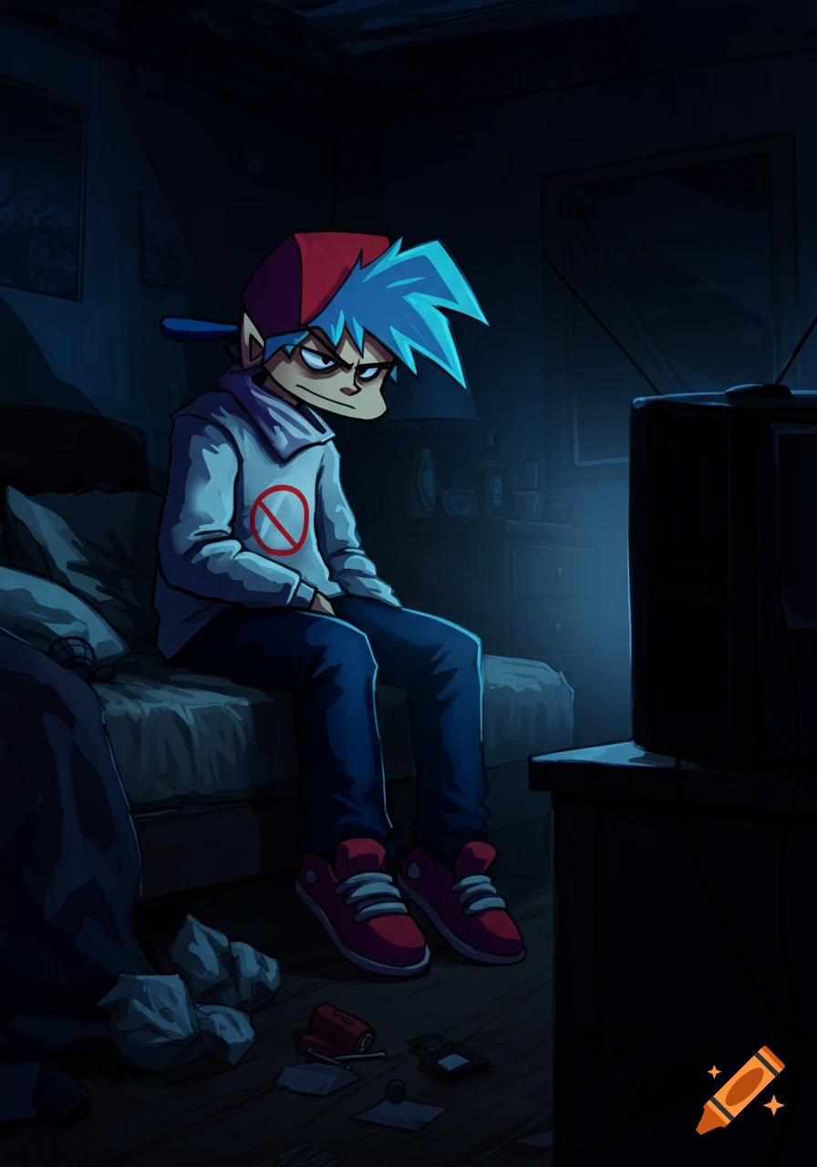 Cartoon boy and girl, with blue and red hair, napping on a brown sofa ...