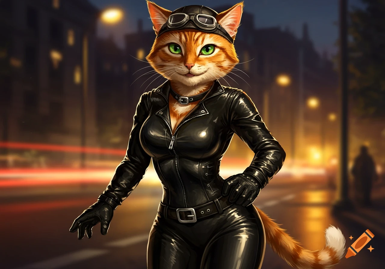 A happy anime-style tabby cat skillfully skateboards down a city street ...