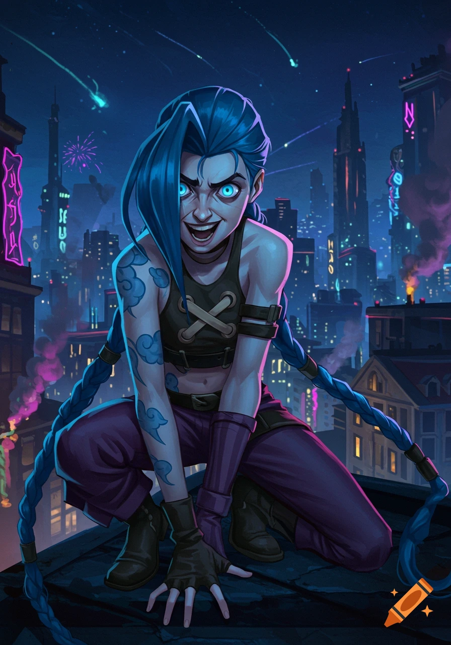 Jinx, from Arcane, on a city rooftop with glowing eyes and hands ...