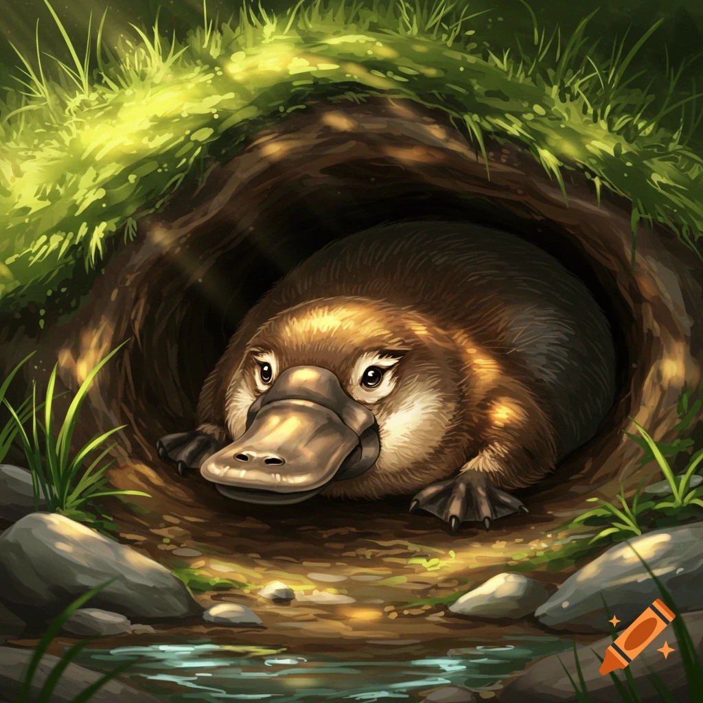An illustration of a platypus peering out of a dark burrow, surrounded ...