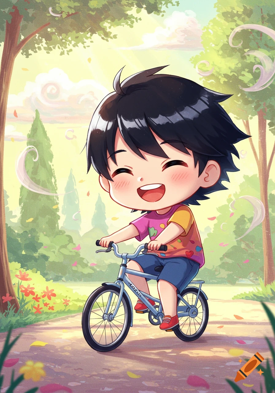 A chibi boy on a green hill looks at a glowing, translucent chibi memory with 'Memory' text ...