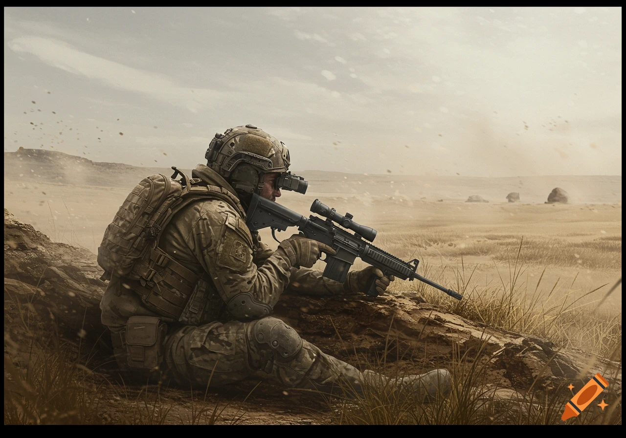 A grim, anthropomorphic pickle soldier in a camouflage uniform holds an ...