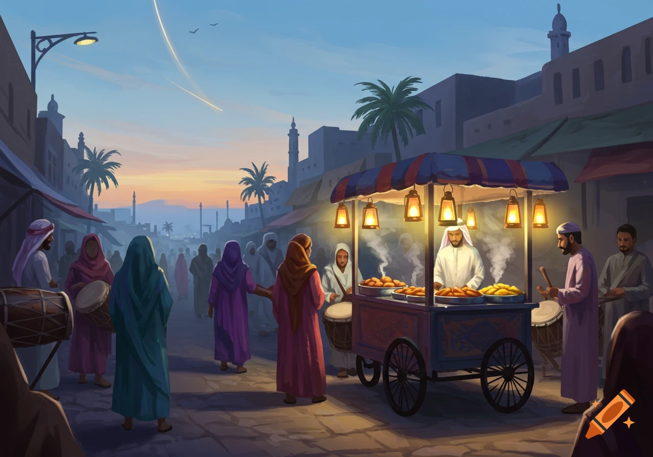 A bustling market street at dusk with people, a glowing food cart, and ...