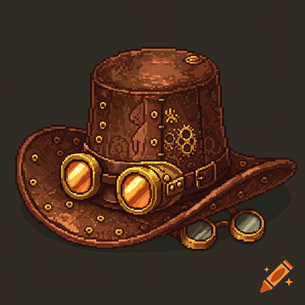 A brown pixel art steampunk top hat with brass goggles and gears, set ...