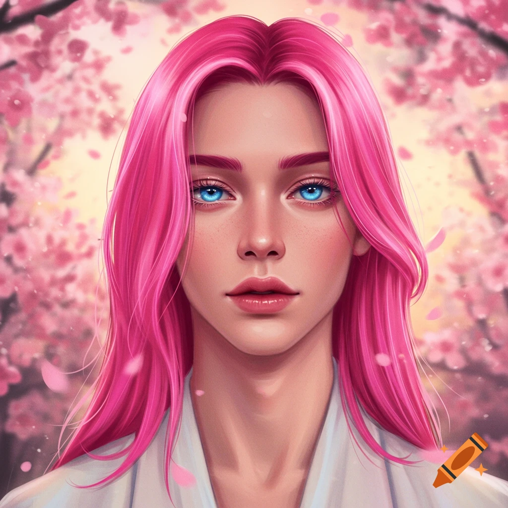 An anime-style portrait of a girl with long, bright pink hair and blue ...