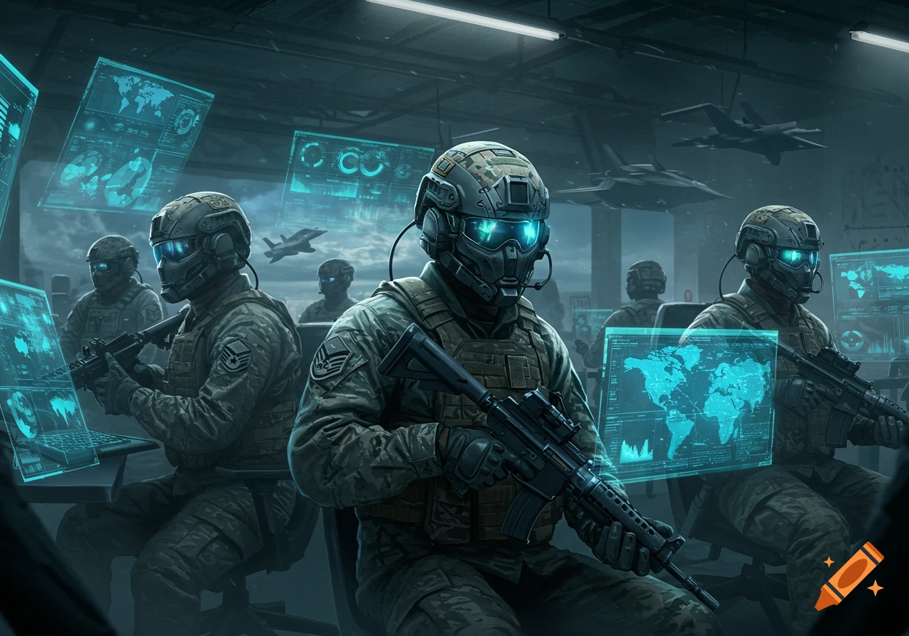 Soldiers in black tactical gear and goggles battle giant iridescent ice ...