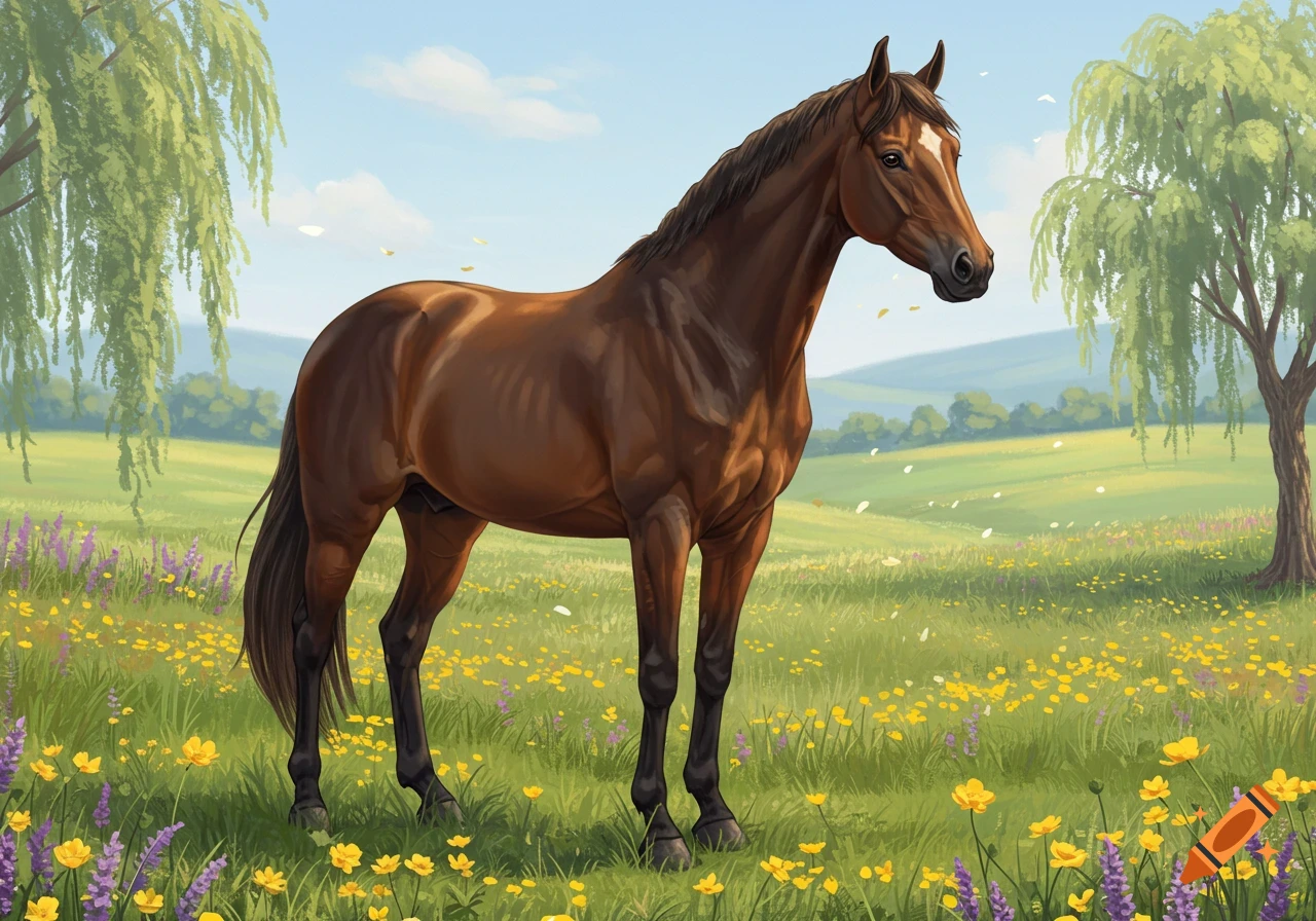 A brown horse and a dappled grey horse pass each other in a grassy ...