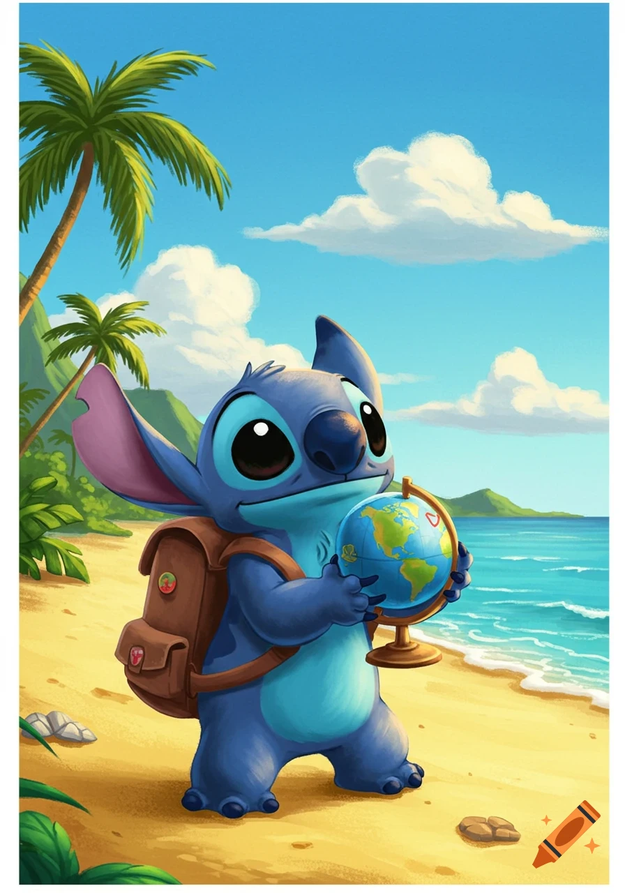 Stitch on a sandy beach with palm trees in the foreground and a sunset ...