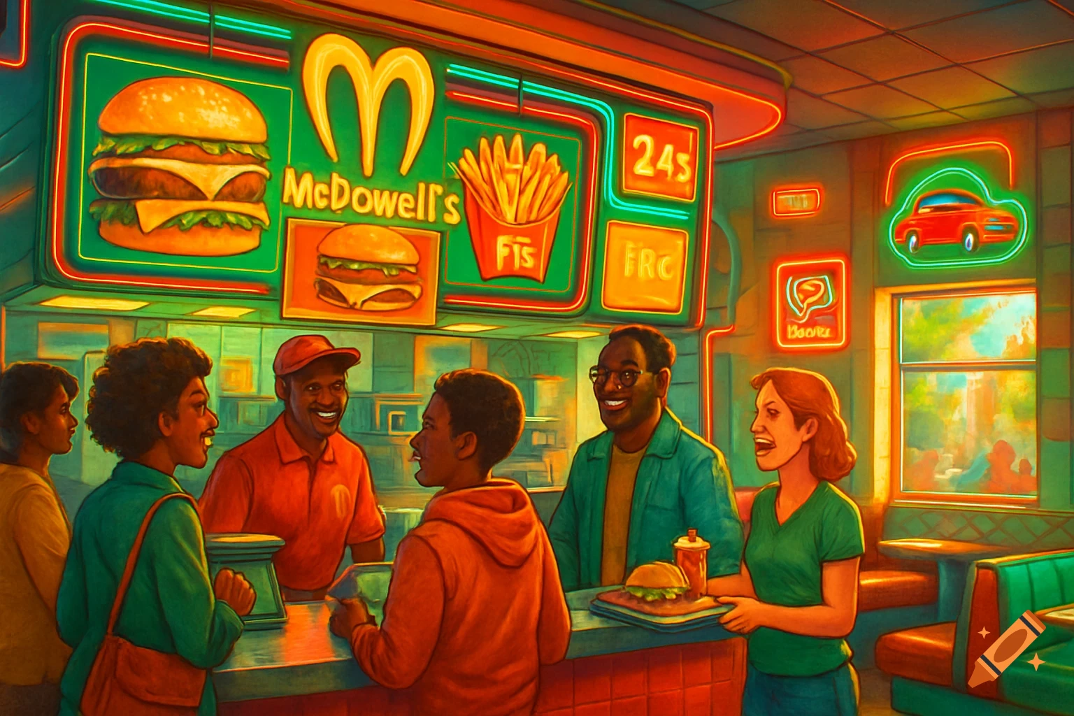 A vibrant digital art illustration of a neon-lit fast food restaurant ...