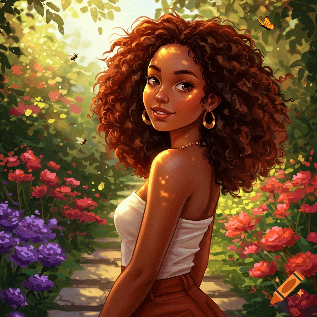A cartoon illustration of a young Black girl with voluminous curly hair ...