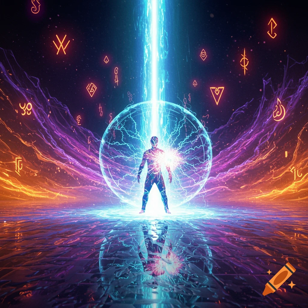 A glowing, intricate spherical energy entity floats in a dark, rocky ...