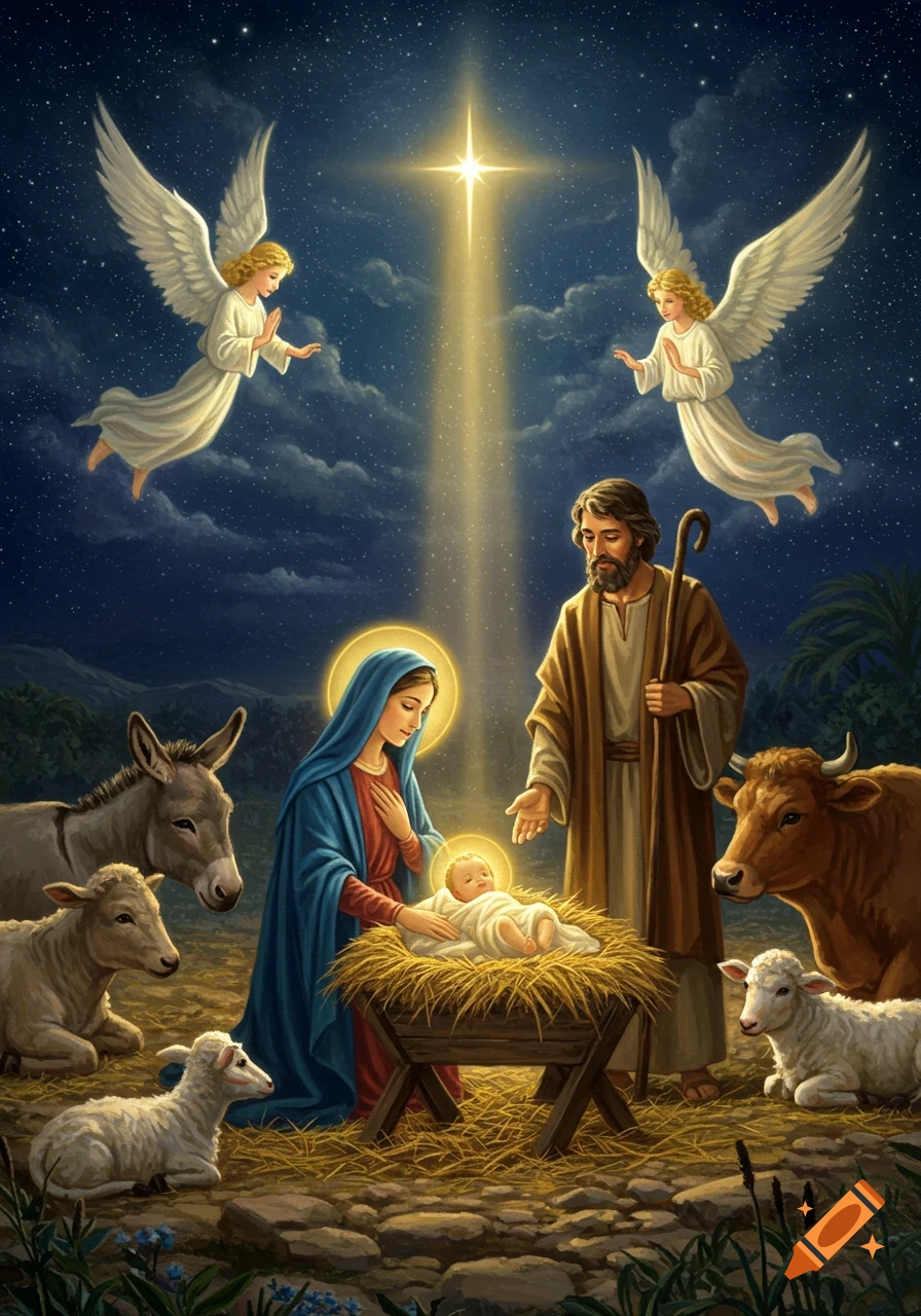 A stylized Nativity scene featuring Mary and Joseph kneeling by baby ...