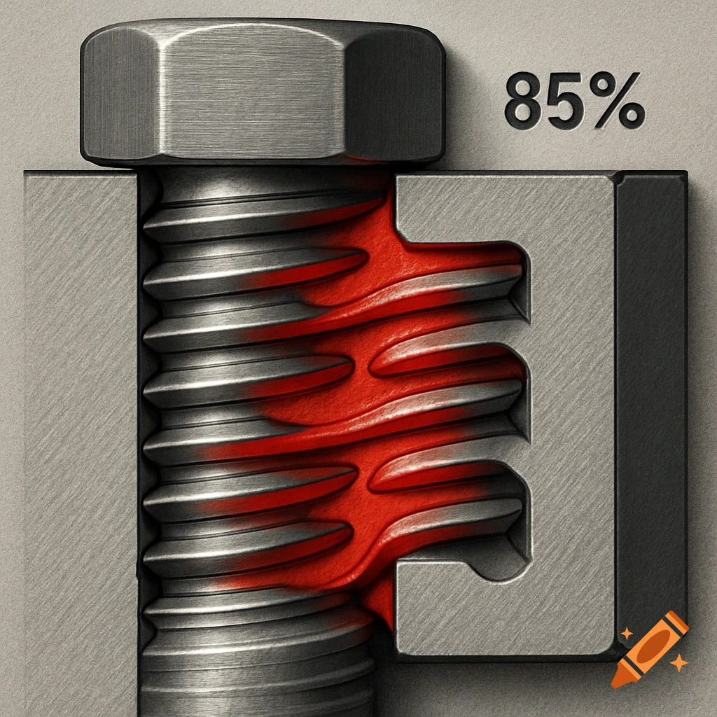 A detailed cutaway view of a metal bolt screwed into a nut, with 85% of ...