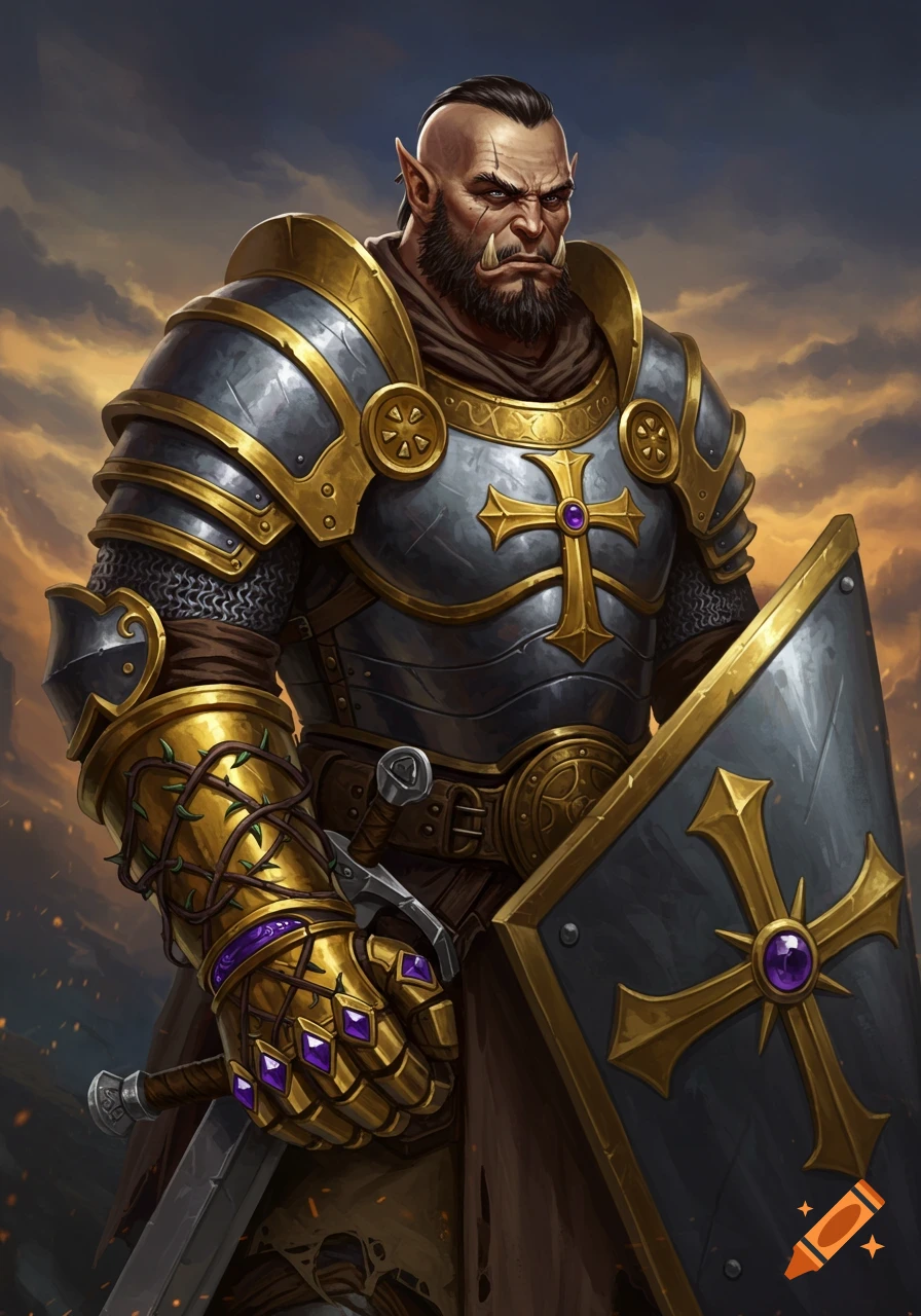 A stern orc warrior in intricate gold and steel armor, holding a sword ...