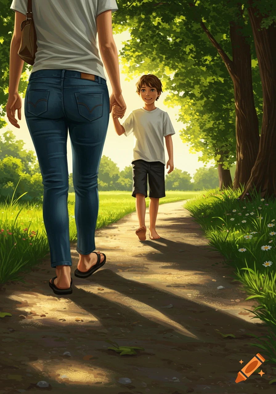 A woman and boy walk hand-in-hand on a sunny path through a green, tree-lined park in a digital ...