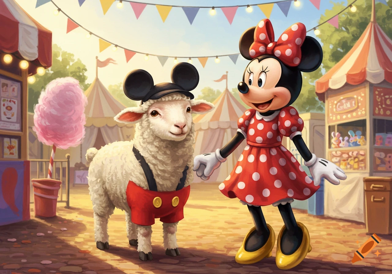 Minnie Mouse stands next to a lamb dressed as Mickey Mouse at a sunny ...