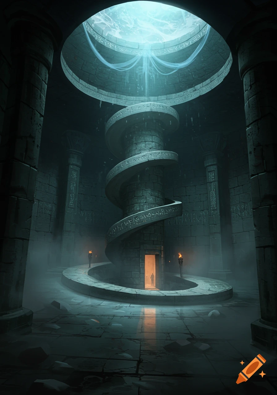 A dark, ominous temple with tall pillars and glowing blue flames, set ...