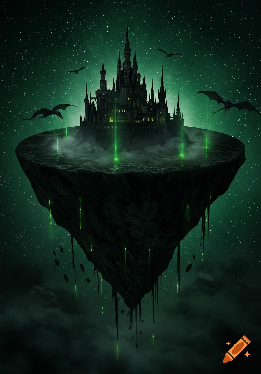 A dark, spired castle on a jagged floating island, illuminated by eerie ...