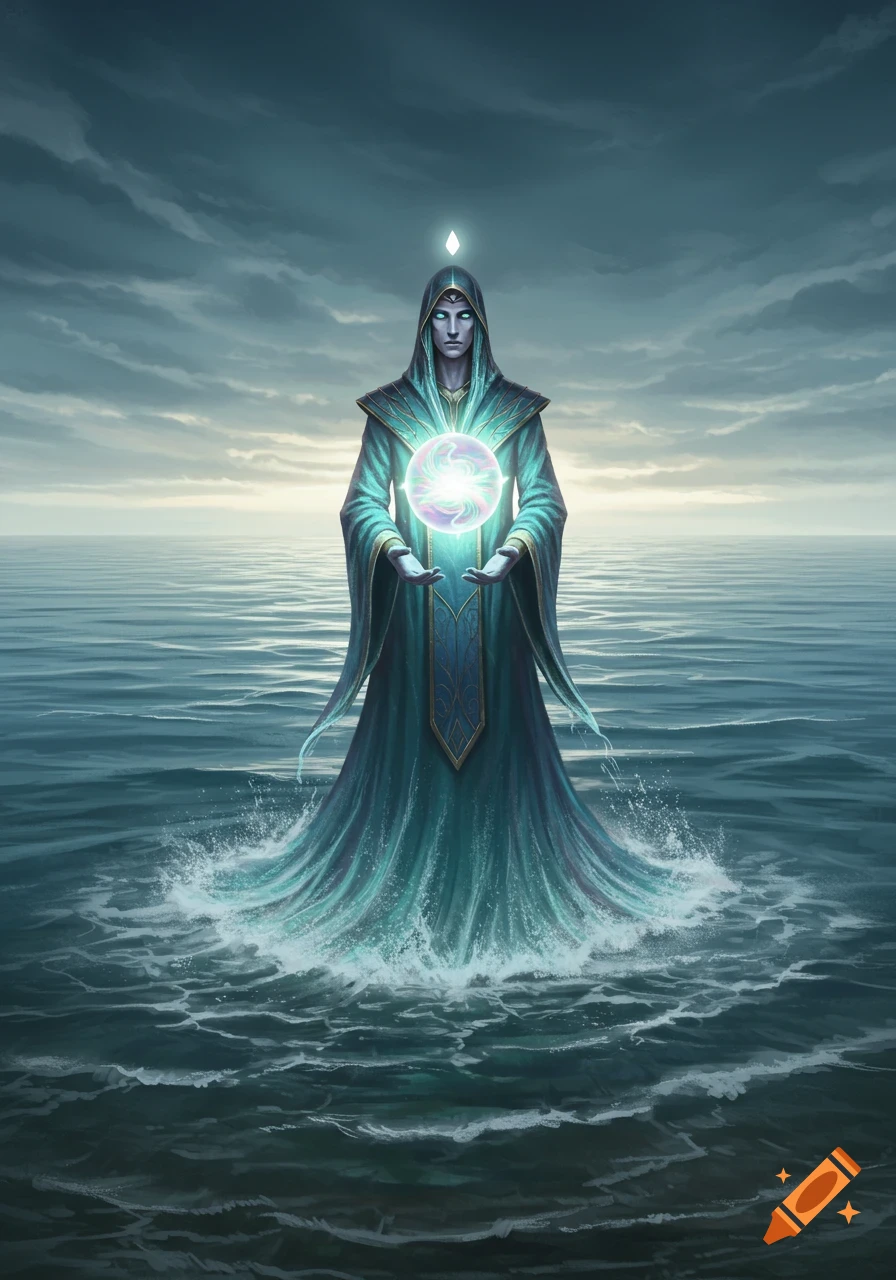 A hooded, robed shore keeper with glowing eyes stands in the ocean ...