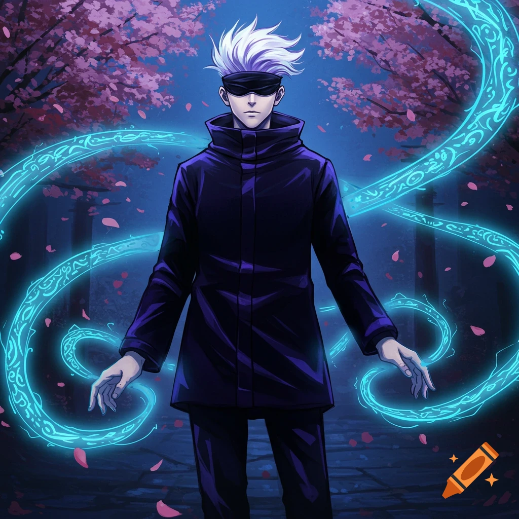 Anime man with white spiky hair, black blindfold, glowing blue ...