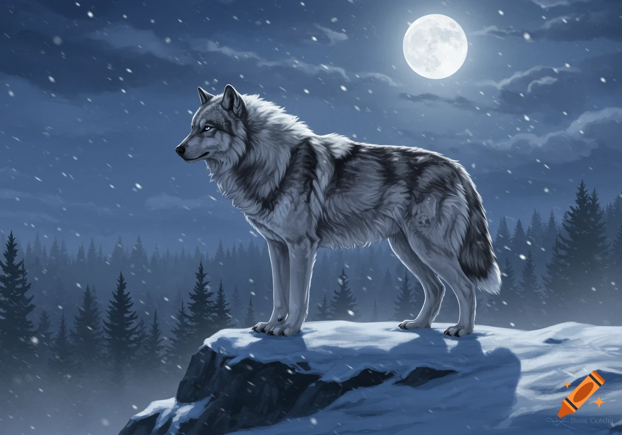 Stylized white wolf under a full moon and orange wolf under a fiery sun ...