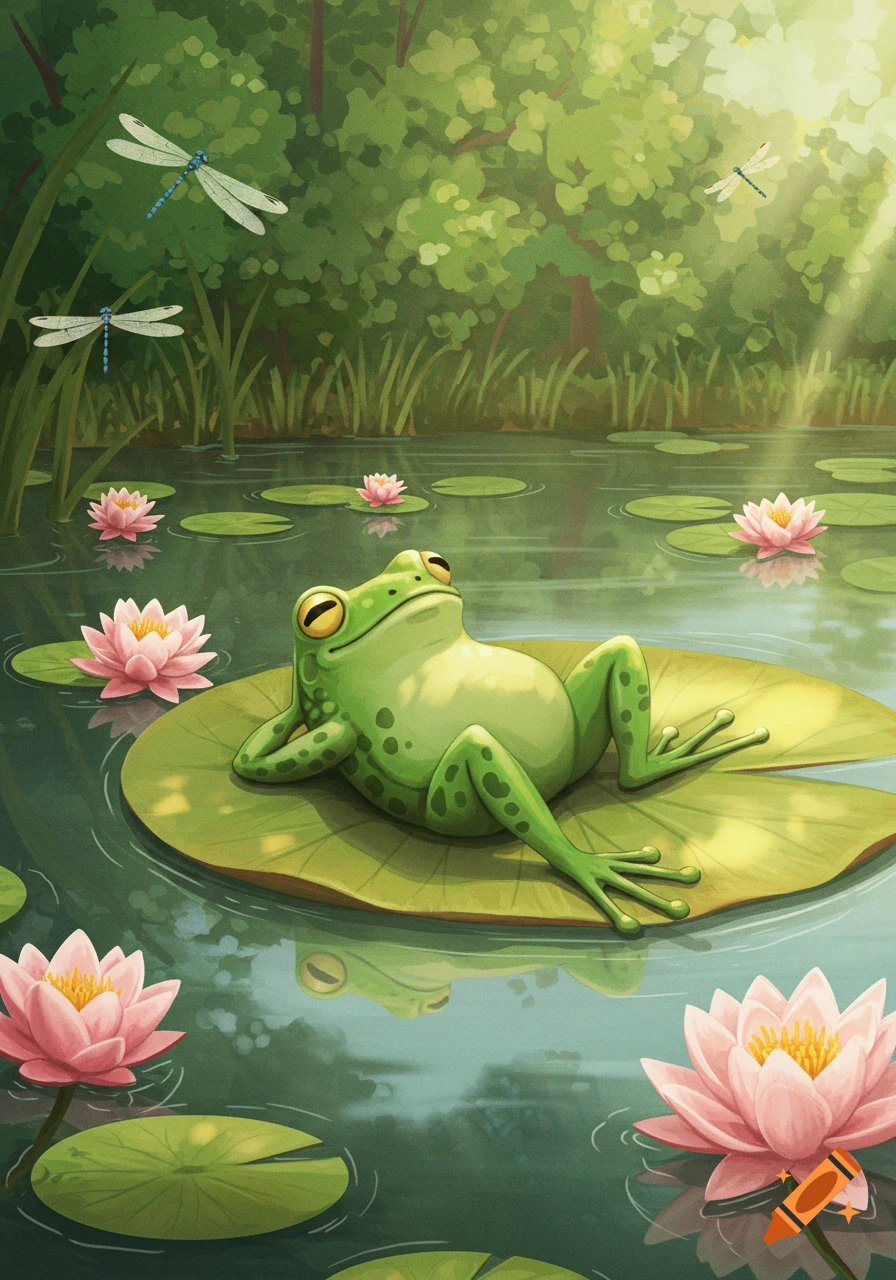 A long, winding teal snake slithering in a blue pond with pink lily pad ...