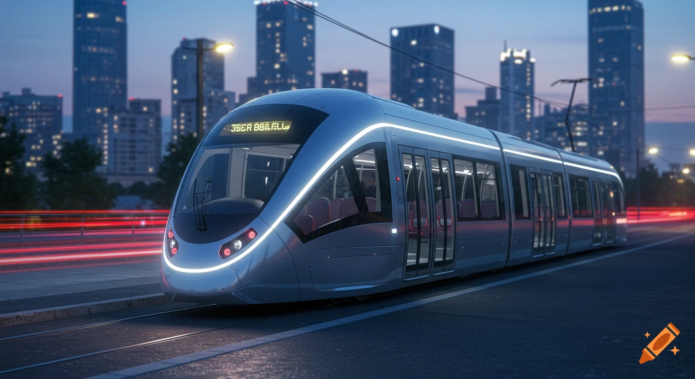 Futuristic silver train with a glowing Bitcoin logo speeding through a ...