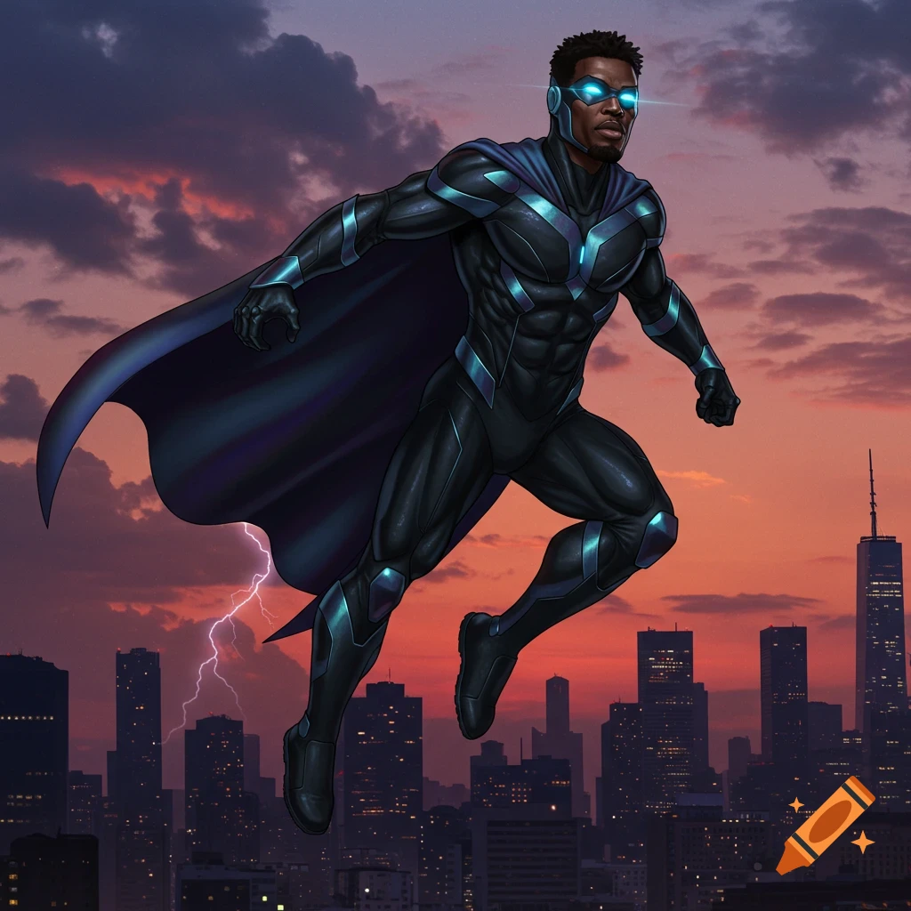 A superhero in a black and silver suit with a blue cape flies over a ...