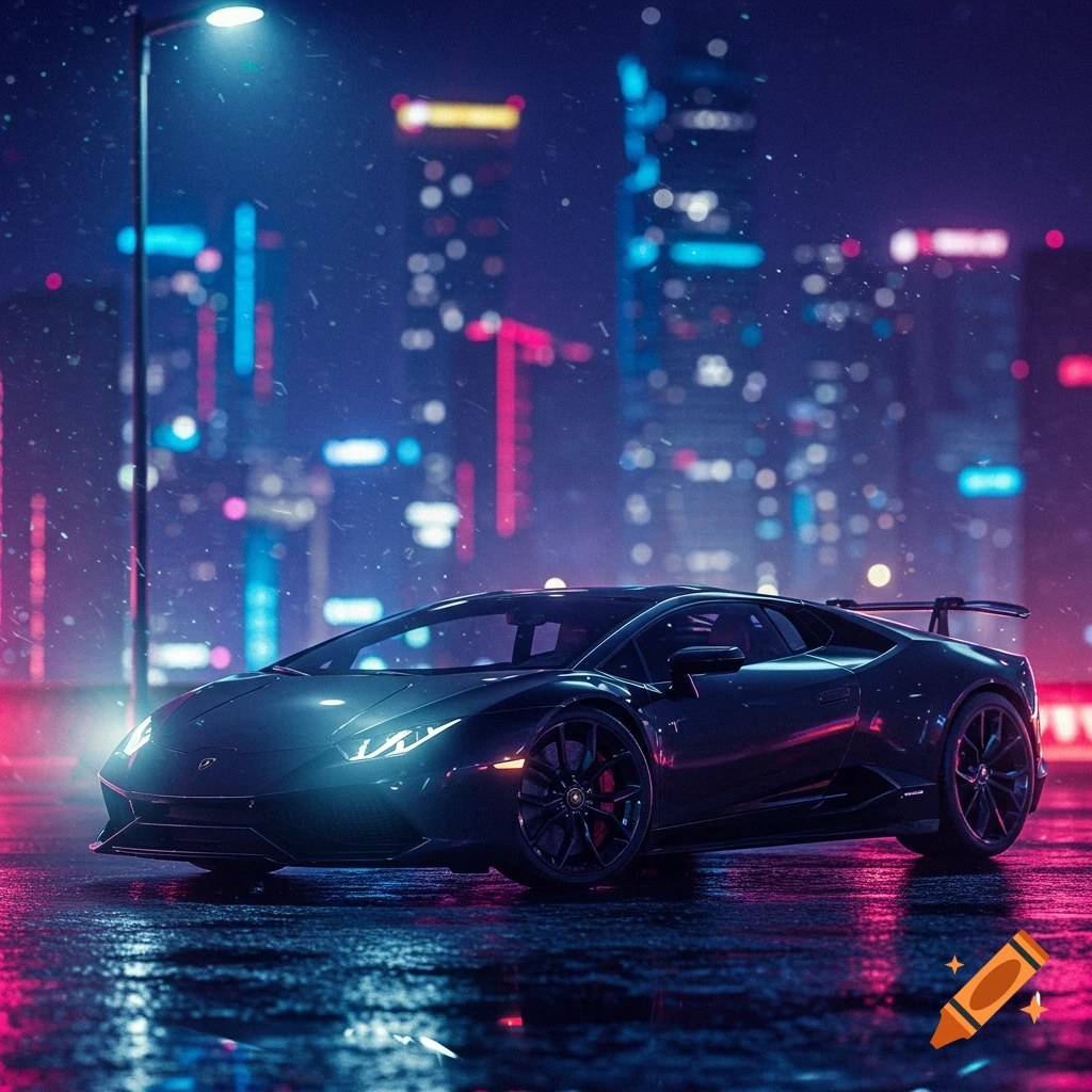 A sleek black Lamborghini is parked on a wet street at night ...