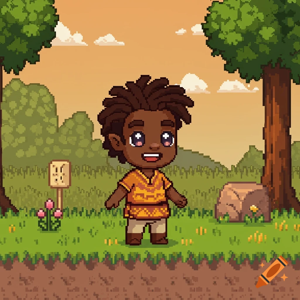 A pixel art illustration of a boy with brown hair and glasses, wearing ...