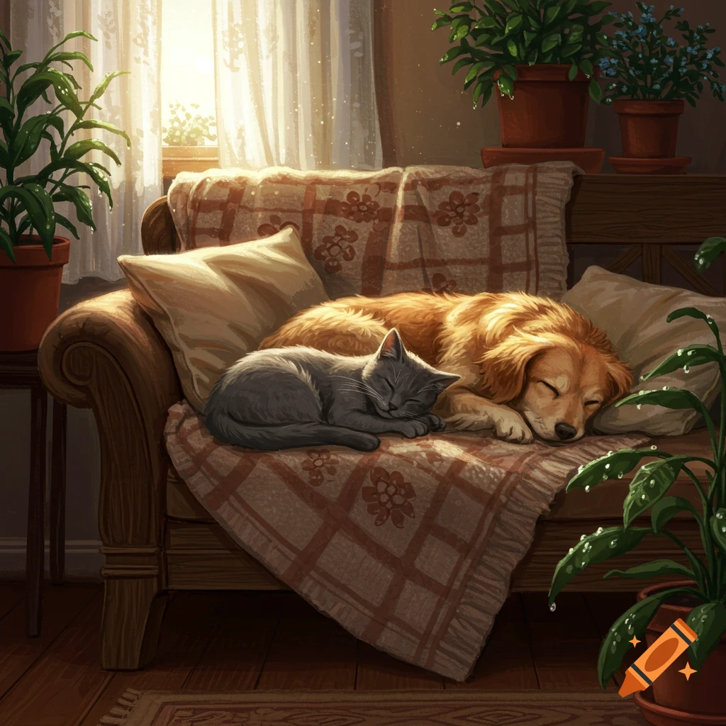 An illustrated white borzoi with beige spots lies on a green sofa in a ...