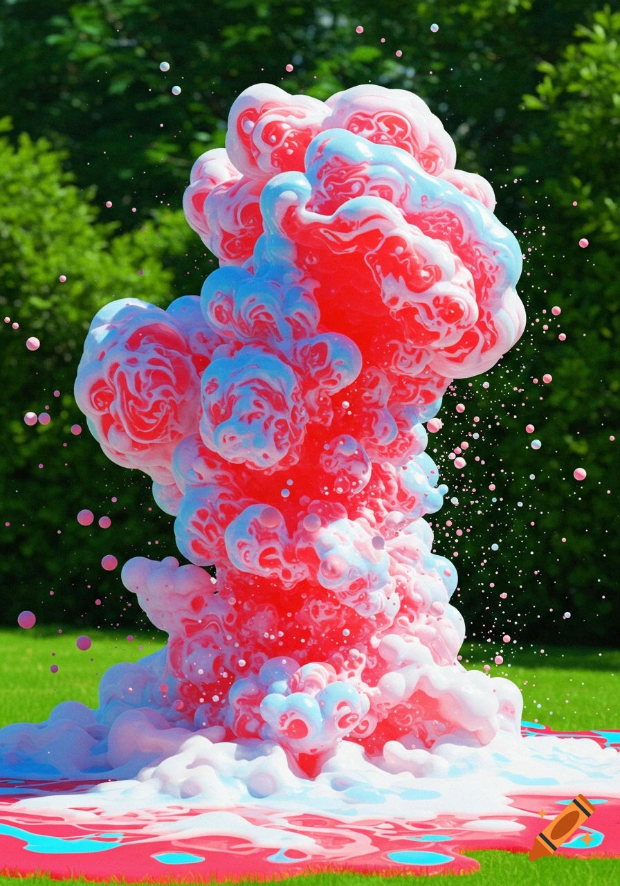 Vibrant red, white, and blue foam explosion erupting from the ground in ...