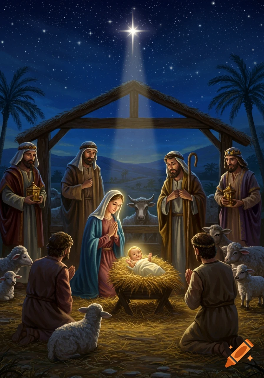 A vibrant illustration of the Nativity scene featuring Mary, baby Jesus ...
