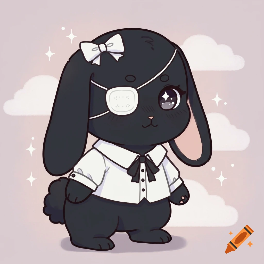 Chibi black bunny with an eyepatch, collared shirt, and bowtie, on a ...